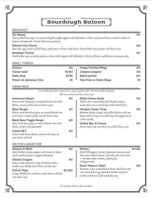 Sourdough Saloon menu in Dawson City, Yukon, Canada