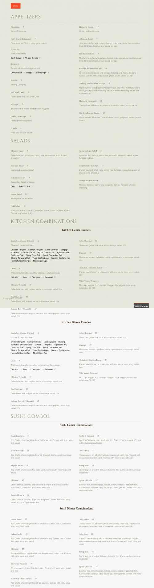 O! Sushi menu in Petaluma, California, USA