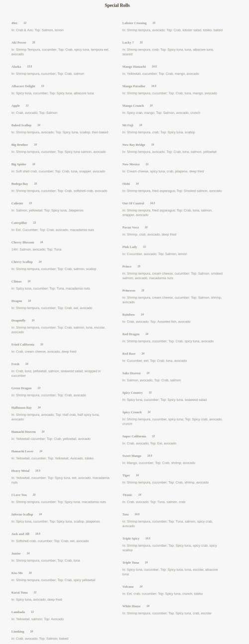 O! Sushi menu in Petaluma, California, USA