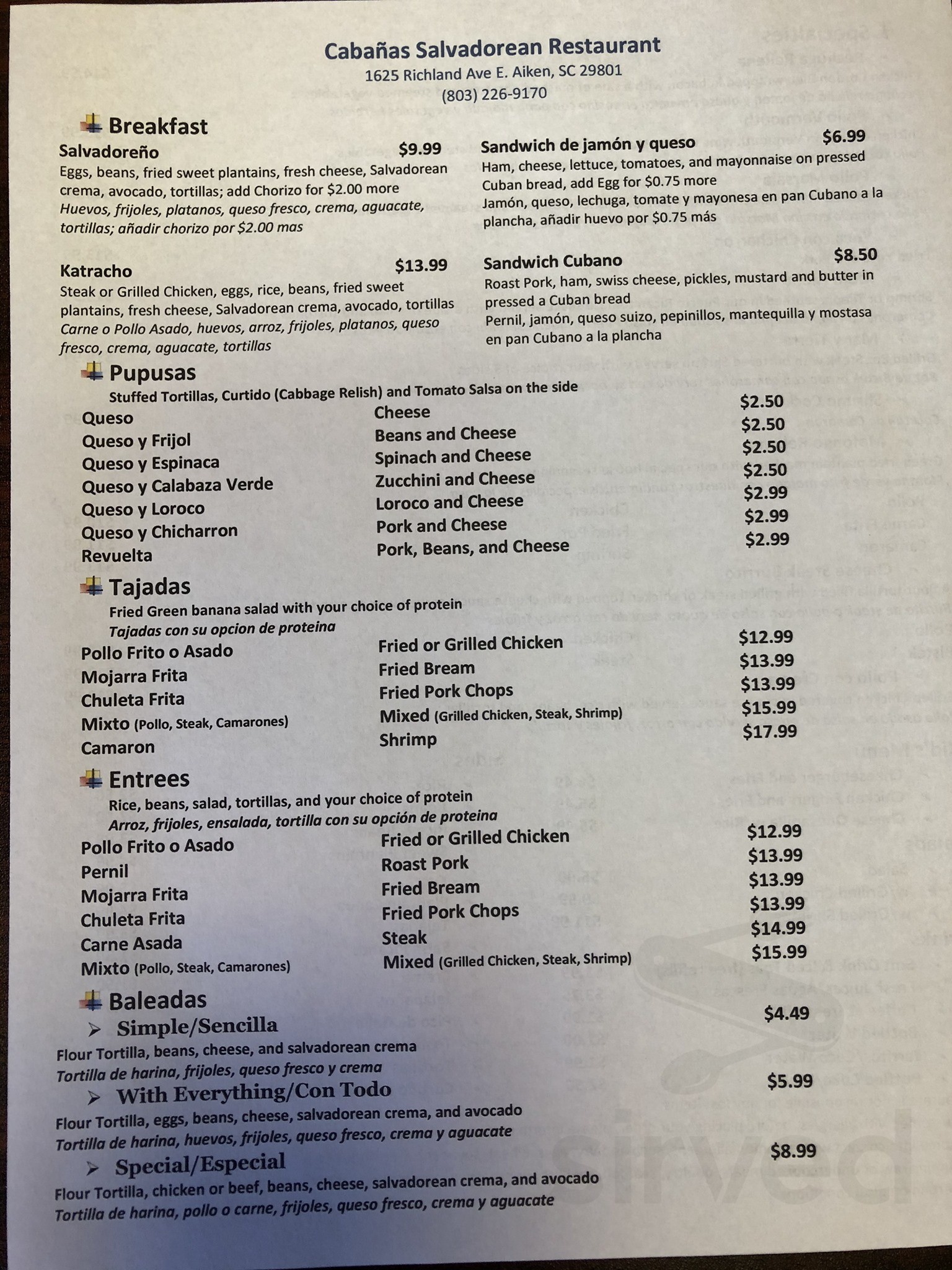 Menu - Aiken SC's Cabañas Salvadorean Restaurant | Sirved