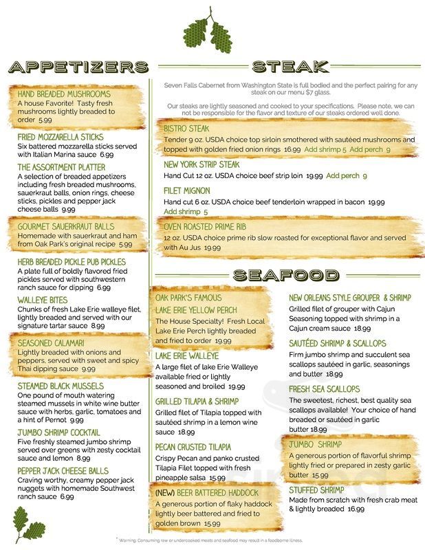 Oak Park Tavern menu in Mansfield, Ohio, USA