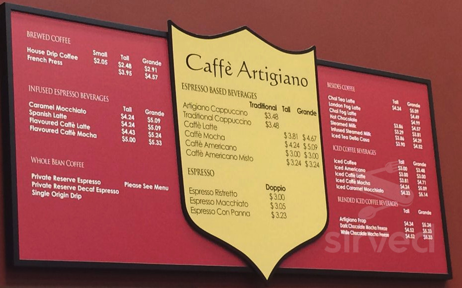 Caffe Artigiano Menu In Richmond British Columbia Canada