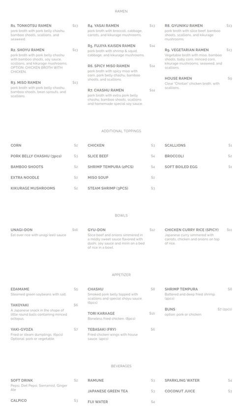Fujiya Ramen menu in Montclair, New Jersey, USA