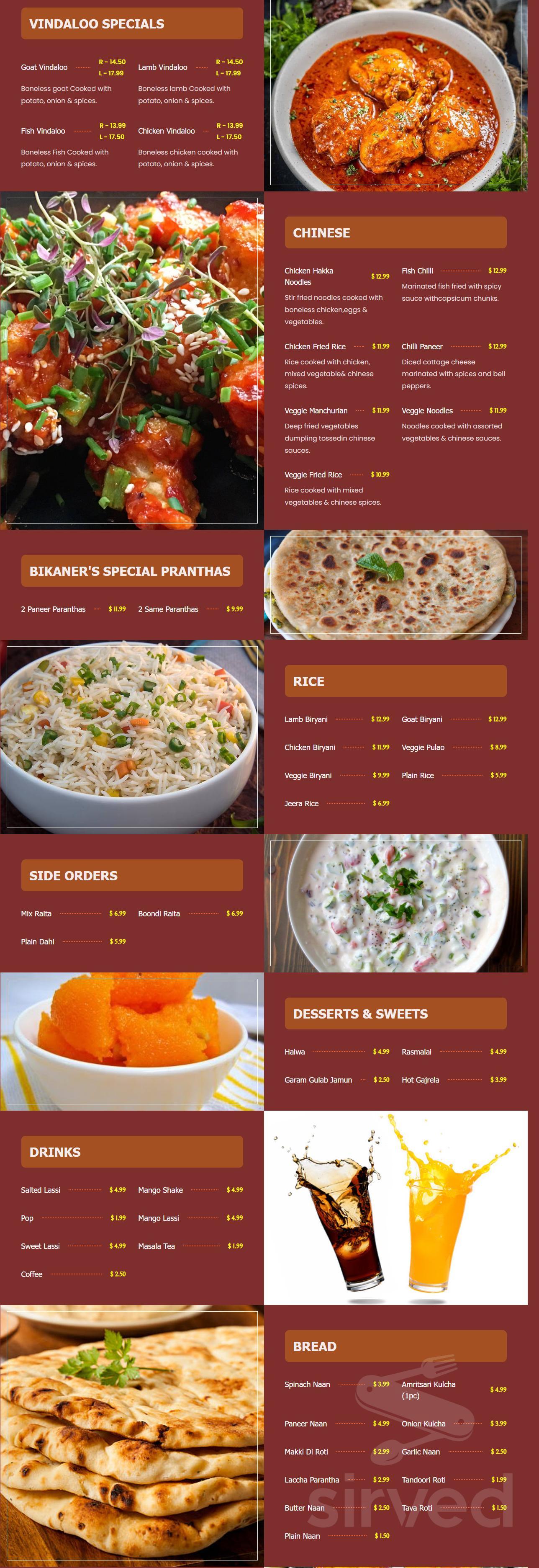 Bikaner Indian Sweets menu in Surrey, British Columbia, Canada