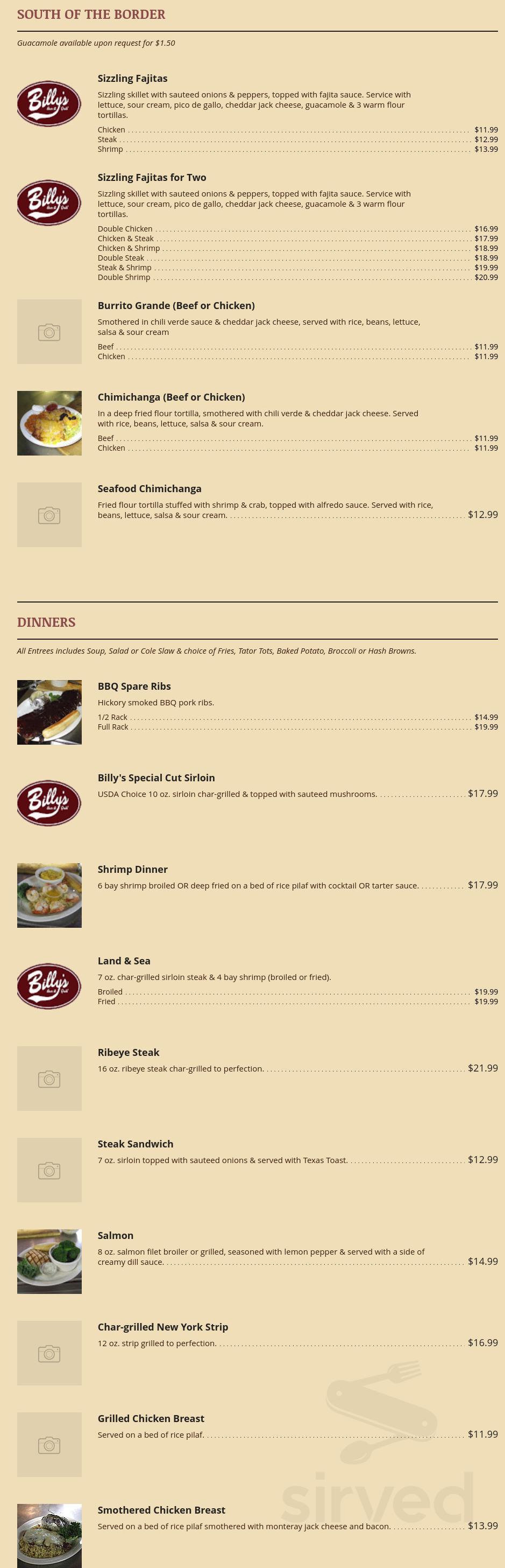 Billy's Bar & Grill menu in Anoka, Minnesota, USA