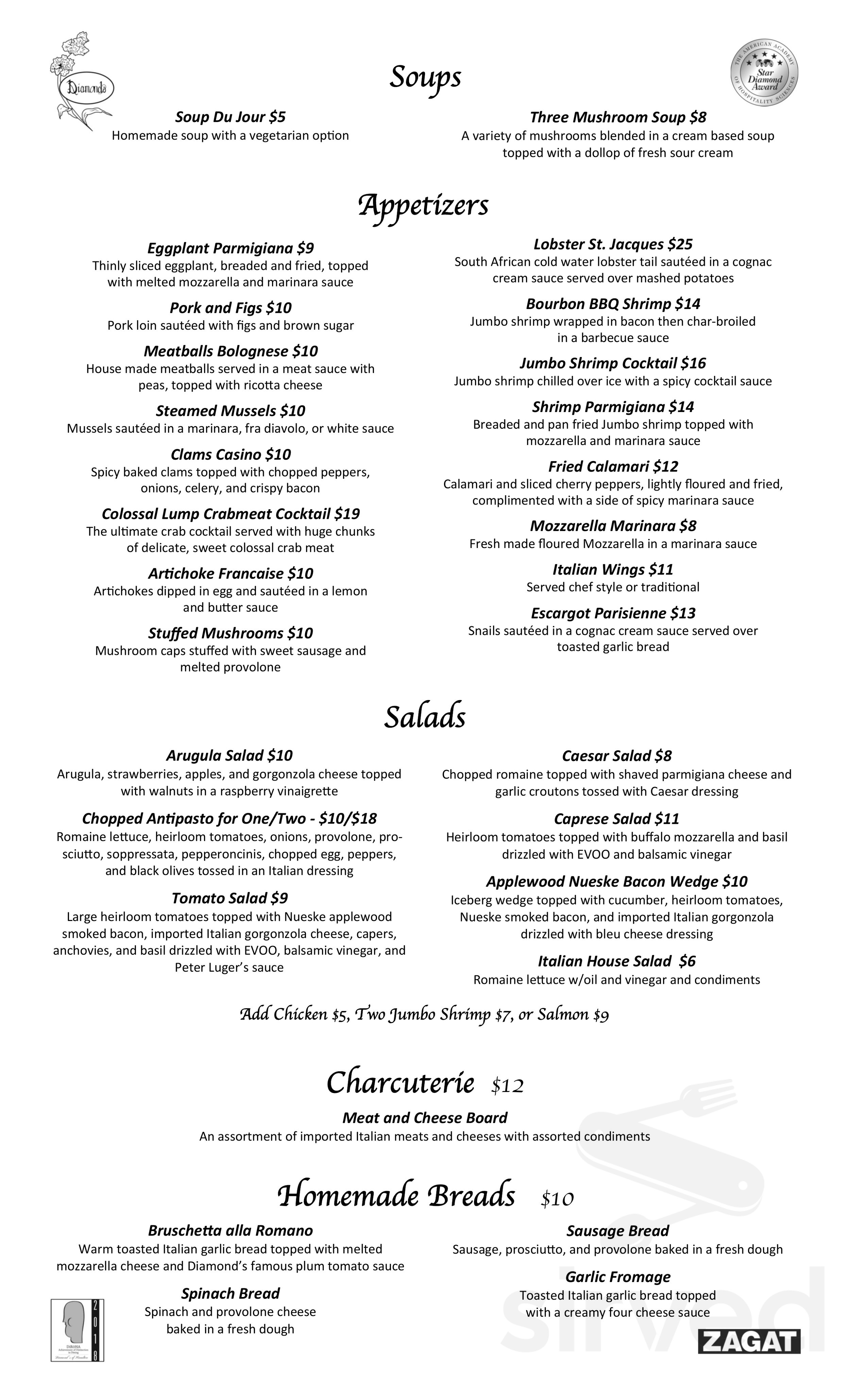 Diamond's menu in Hamilton Township, New Jersey, USA