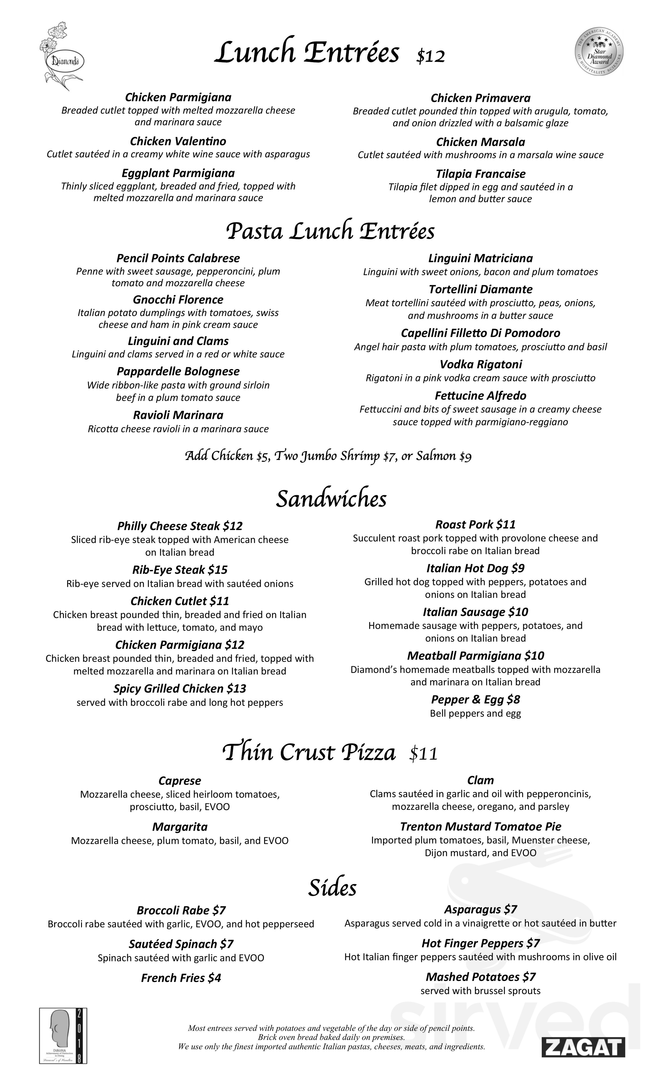 Diamond's menu in Hamilton Township, New Jersey, USA