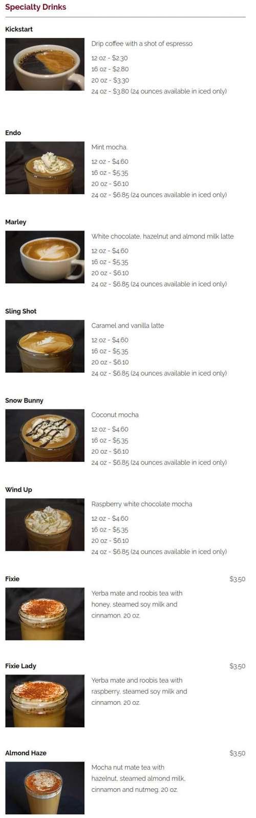 Kickstand Kafe menu in Flagstaff, Arizona, USA