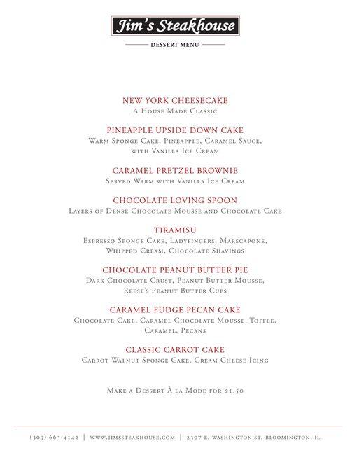 Jim's Steak House menu in Bloomington, Illinois, USA