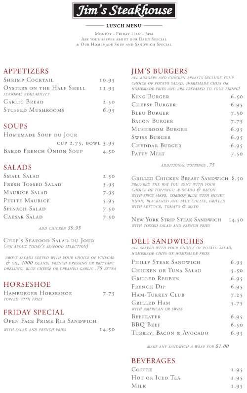 Jim's Steak House menu in Bloomington, Illinois, USA