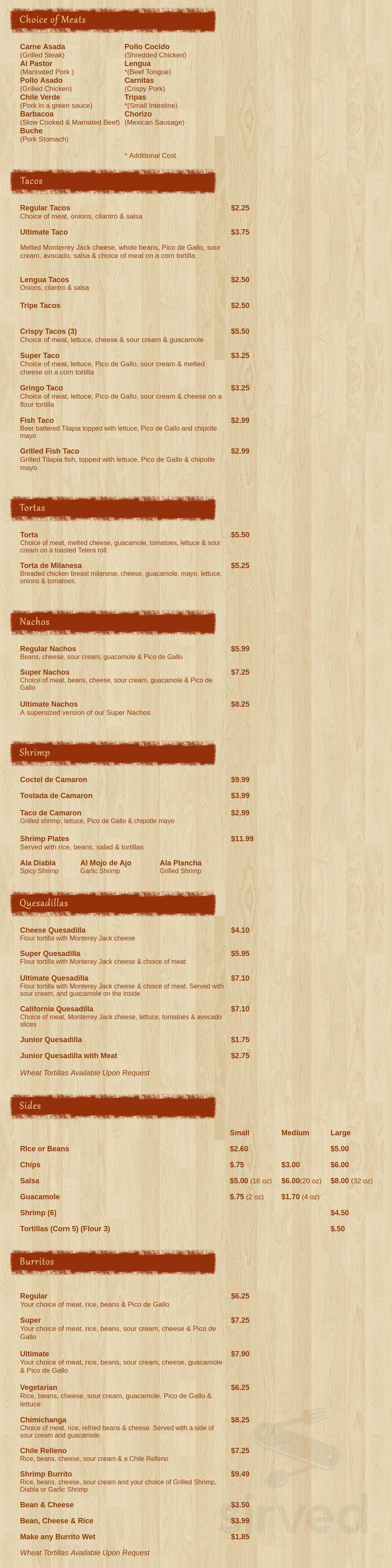 Menu - Tracy CA's Taqueria La Mexicana | Sirved