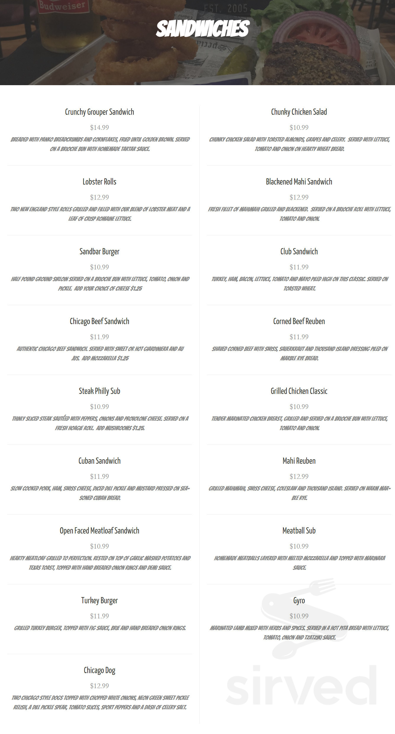 The Sandbar and Grille menu in Fort Myers Beach, Florida, USA