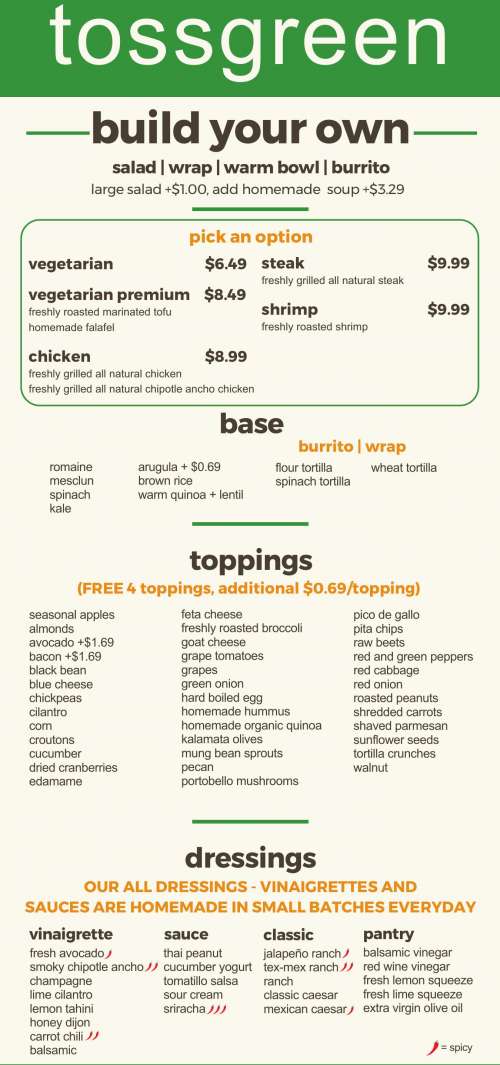 Tossgreen menu in Jacksonville, Florida, USA