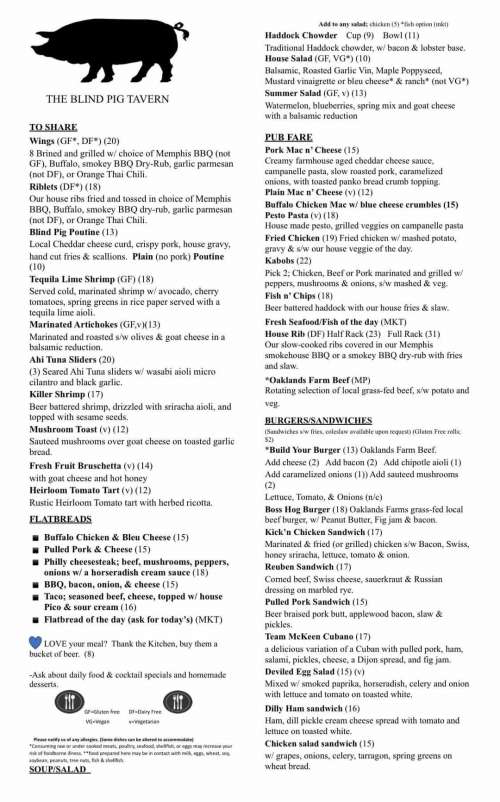 The Blind Pig Tavern menu in Gardiner, Maine, USA