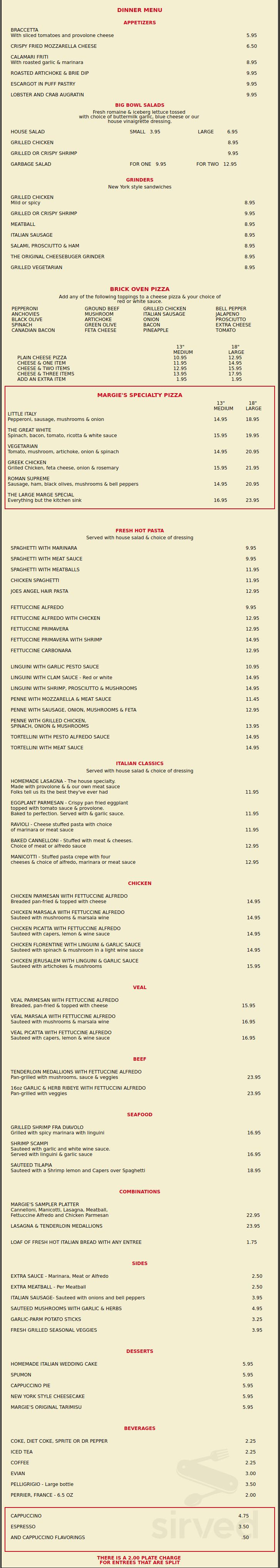 Menu for Margie's Original Italian Kitchen in Fort Worth, TX | Sirved