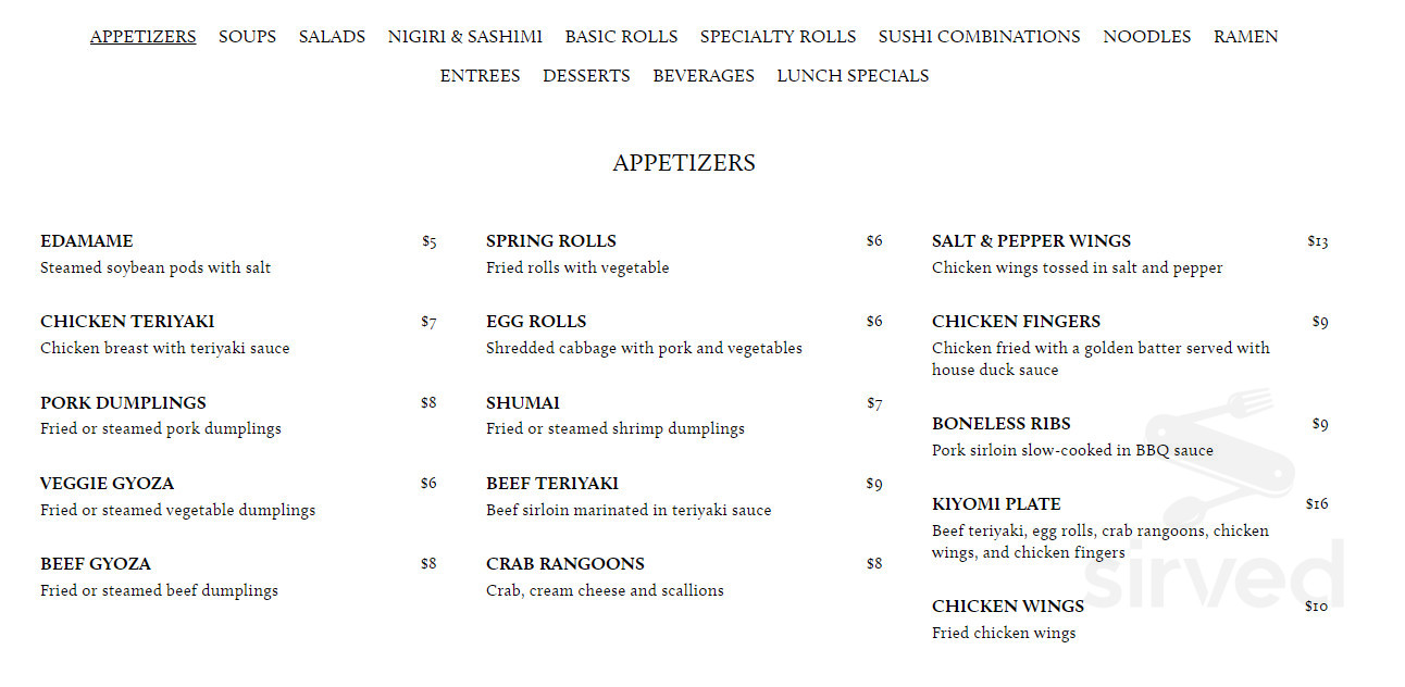 Menu for KIYOMI in Chicopee, MA | Sirved