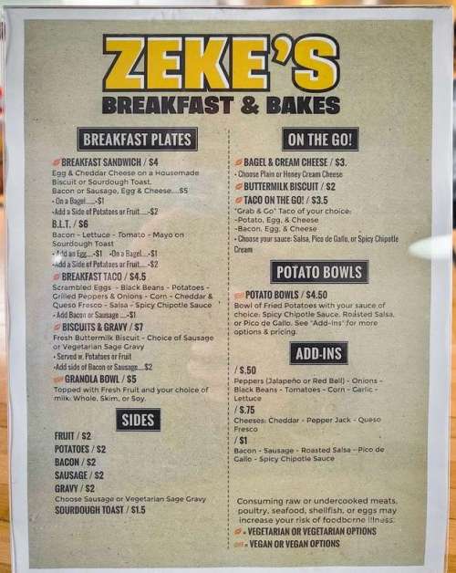 Zeke's Breakfast & Bakes menu in Morgantown, West Virginia, USA