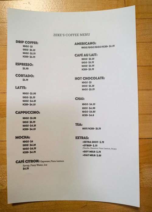 Zeke's Breakfast & Bakes menu in Morgantown, West Virginia, USA