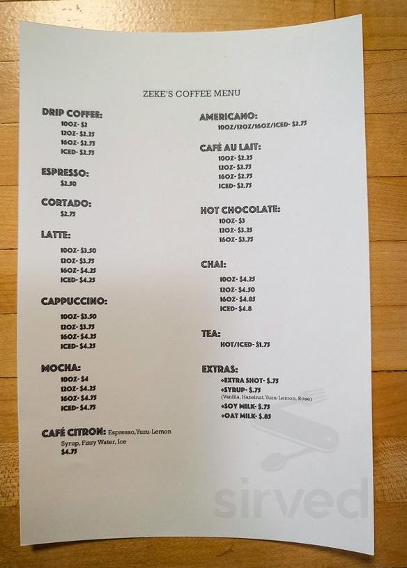 Zeke's Breakfast & Bakes menu in Morgantown, West Virginia, USA