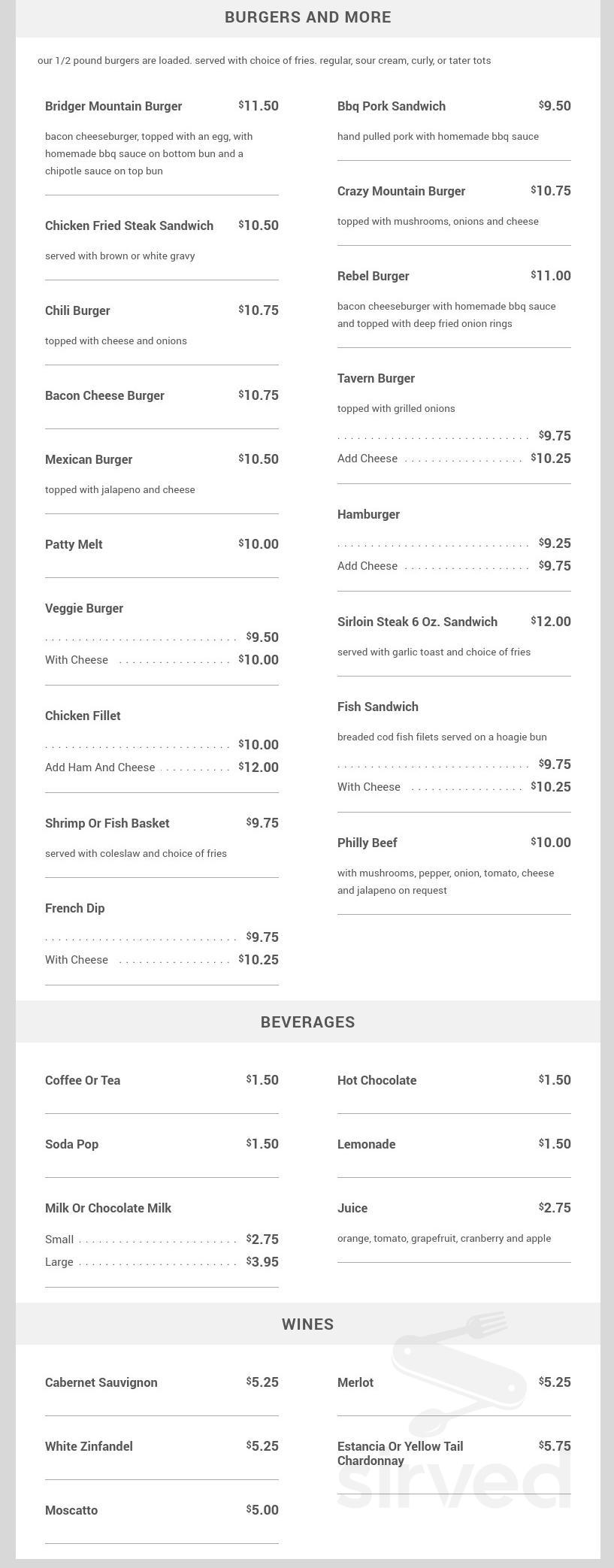 Clyde Park Tavern menu in Clyde Park, Montana, USA