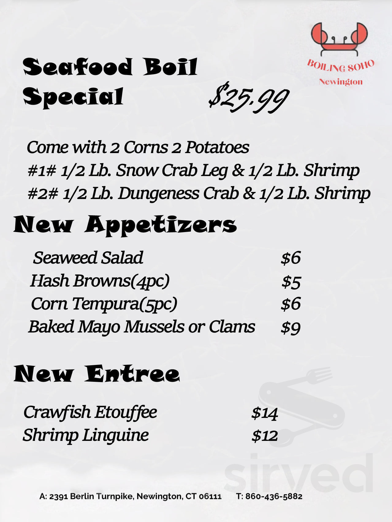 Boiling SOHO - Newington menu in Newington, Connecticut, USA