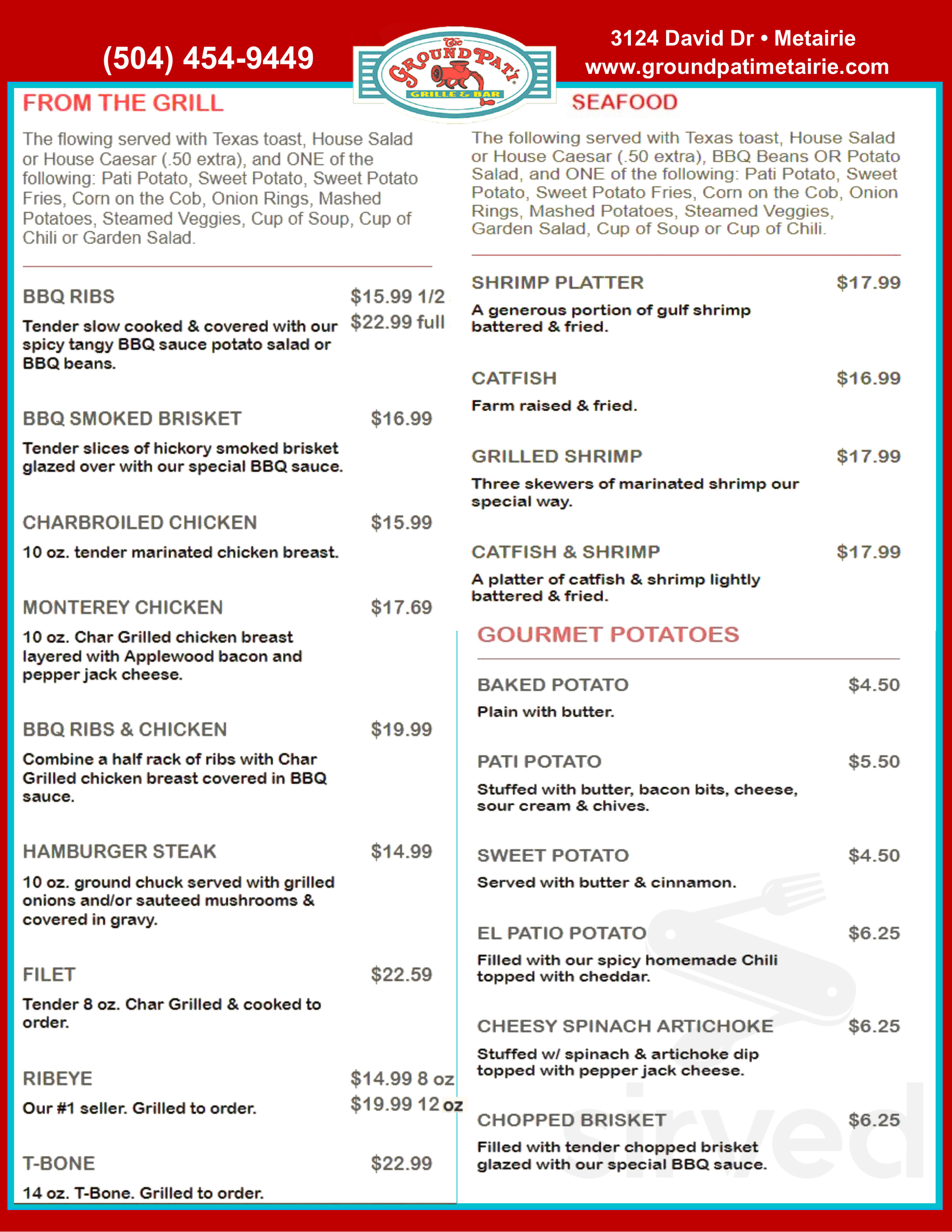 Ground Pat'i Grille & Bar menu in Metairie, Louisiana, USA
