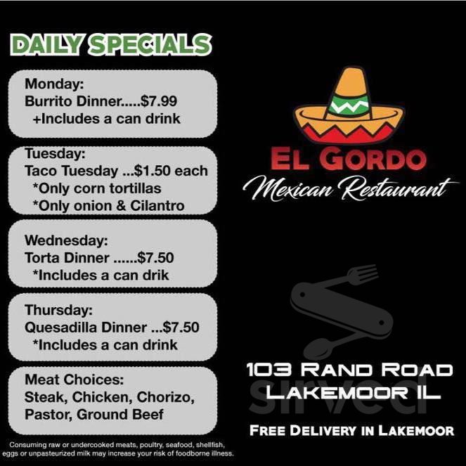 El Gordo Mexican Restaurant menu in McHenry, Illinois, USA