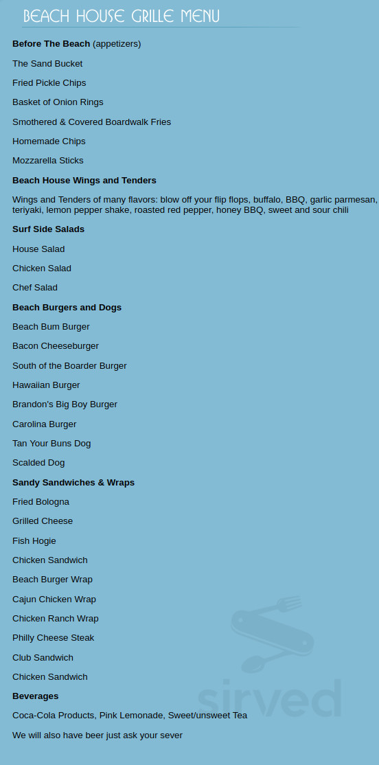 Menu for Beach House Grille in Mayodan, NC | Sirved