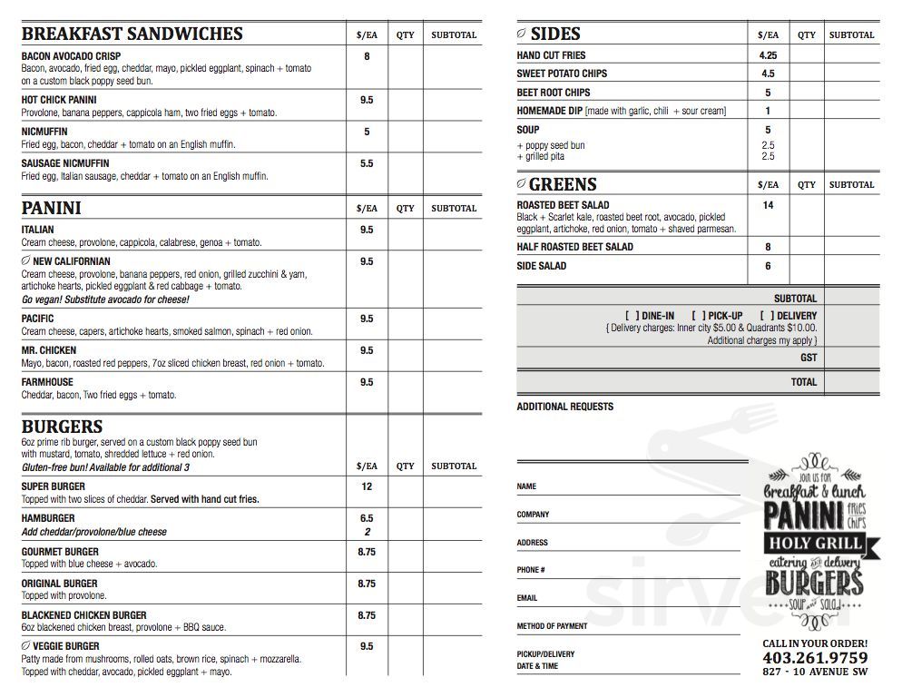 Menu for Holy Grill - Calgary, AB | Sirved