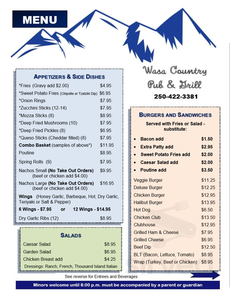 Wasa Country Pub & Grill menu in Wasa, British Columbia, Canada