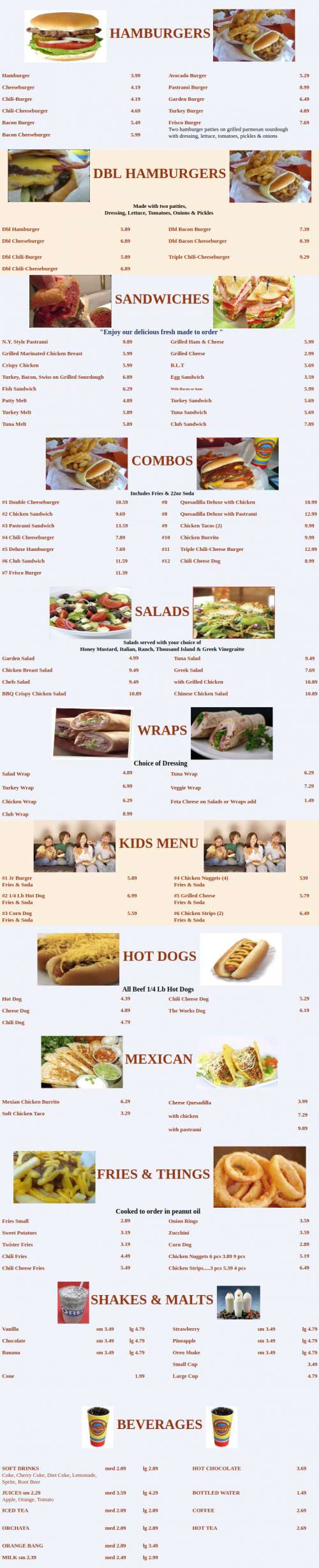 Tomboy's Famous Chiliburgers menu in Manhattan Beach, California, USA