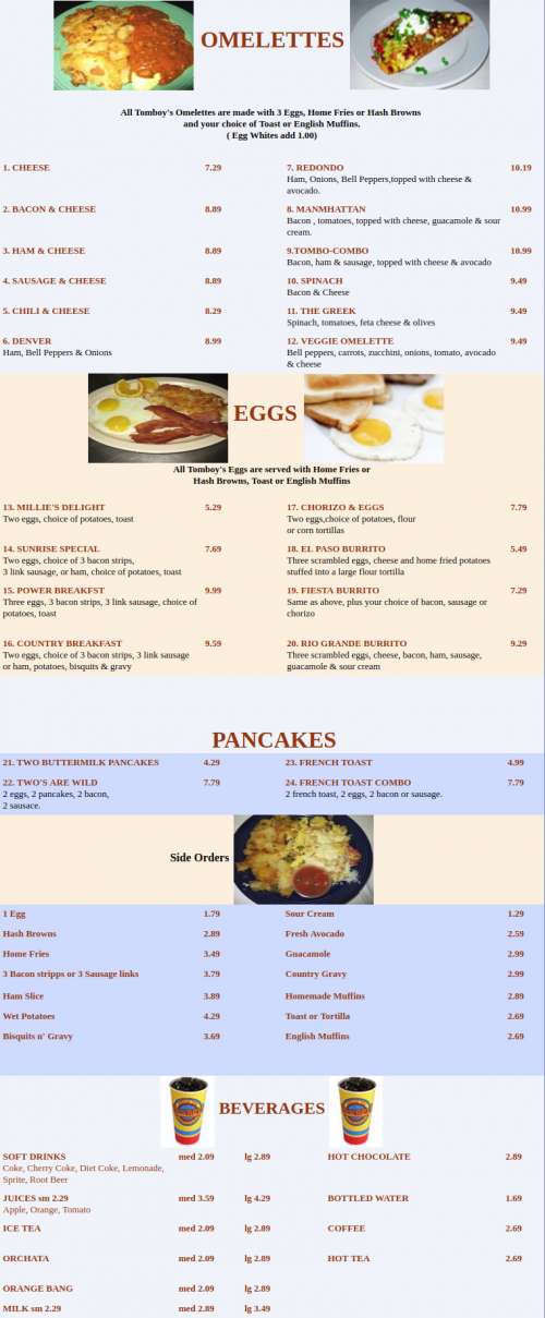 Tomboy's Famous Chiliburgers menu in Manhattan Beach, California, USA