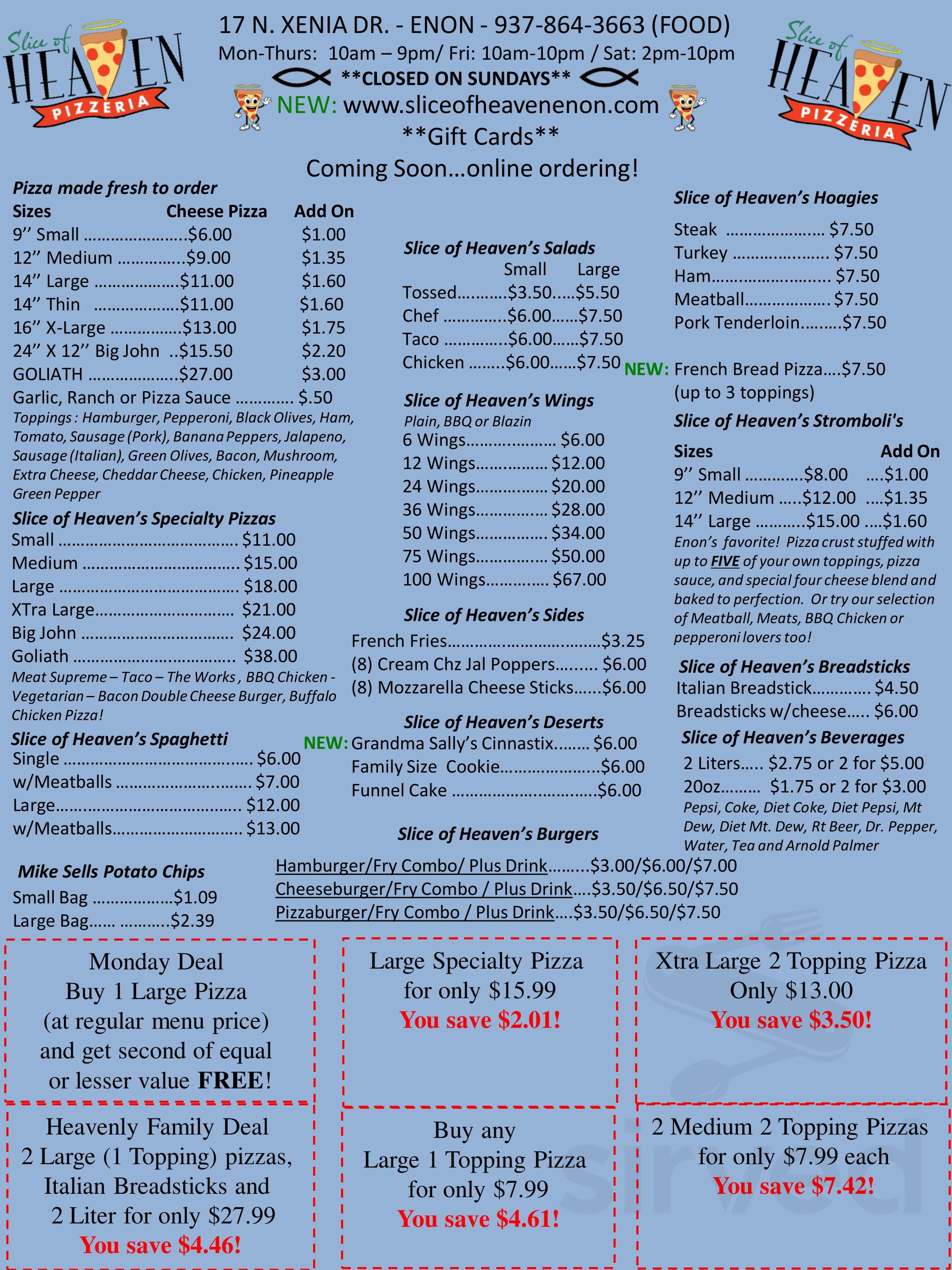 Menu - Enon OH's A Slice of Heaven Pizzeria | Sirved