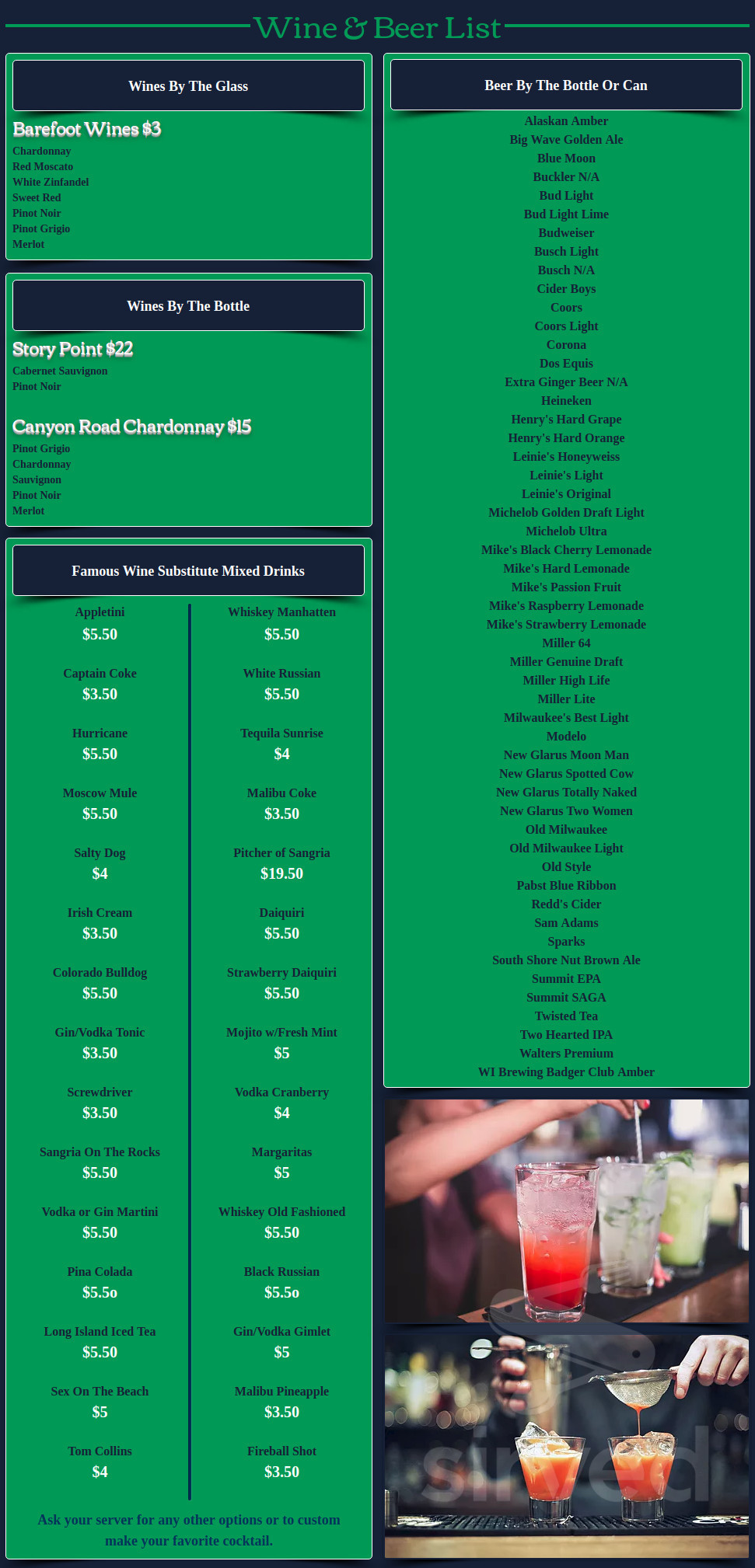 Timberland Bar and Grill menus in Barronett, Wisconsin, United States