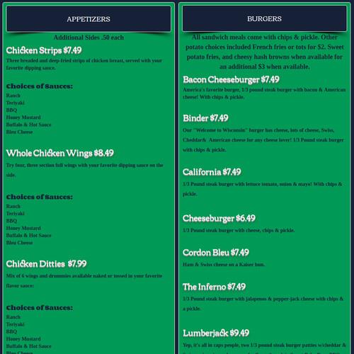 Timberland Bar and Grill menu in Barronett, Wisconsin, USA