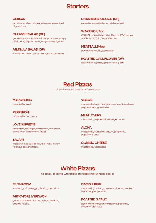 Love Supreme Pizza Bar menu in Austin, Texas, USA