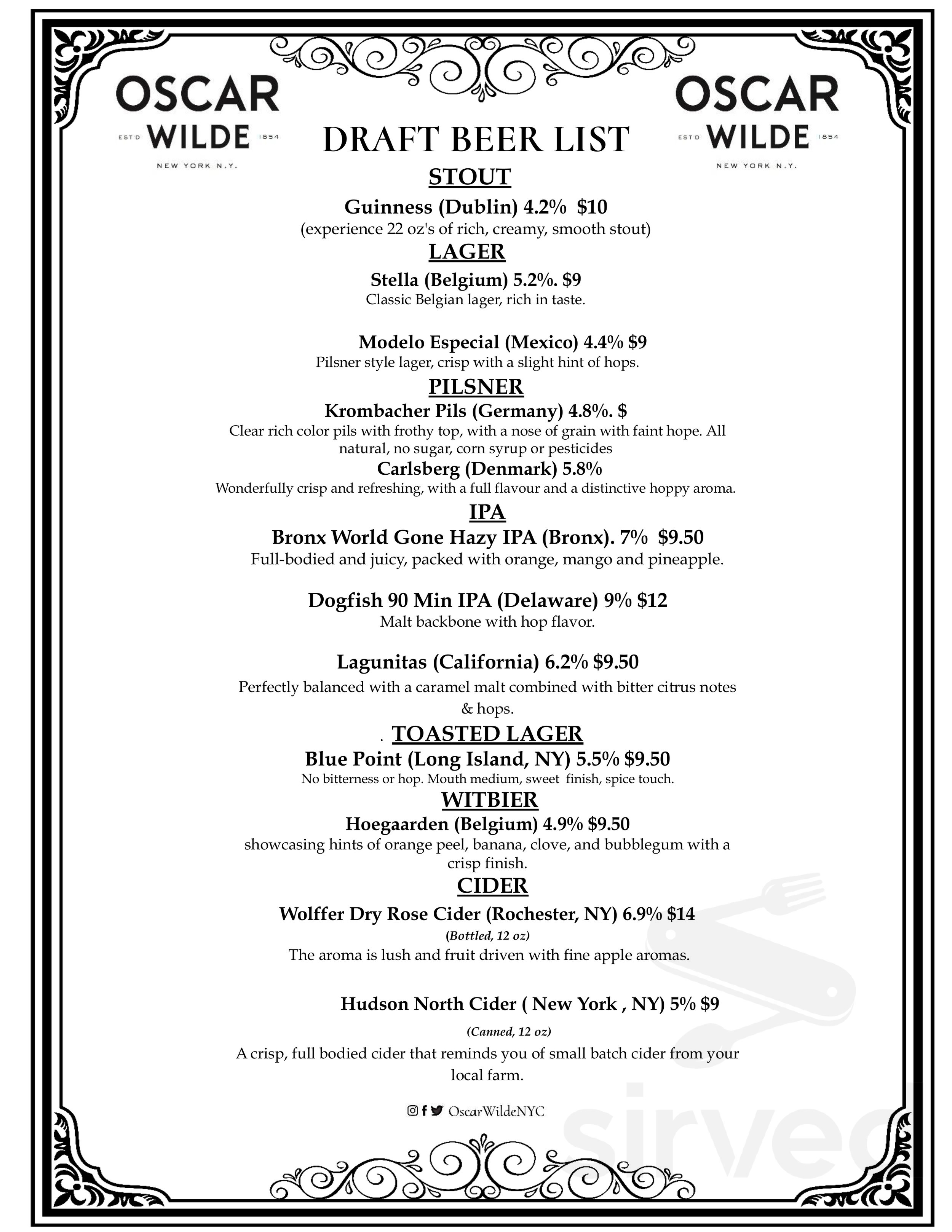 Oscar Wilde menus in New York, New York, United States