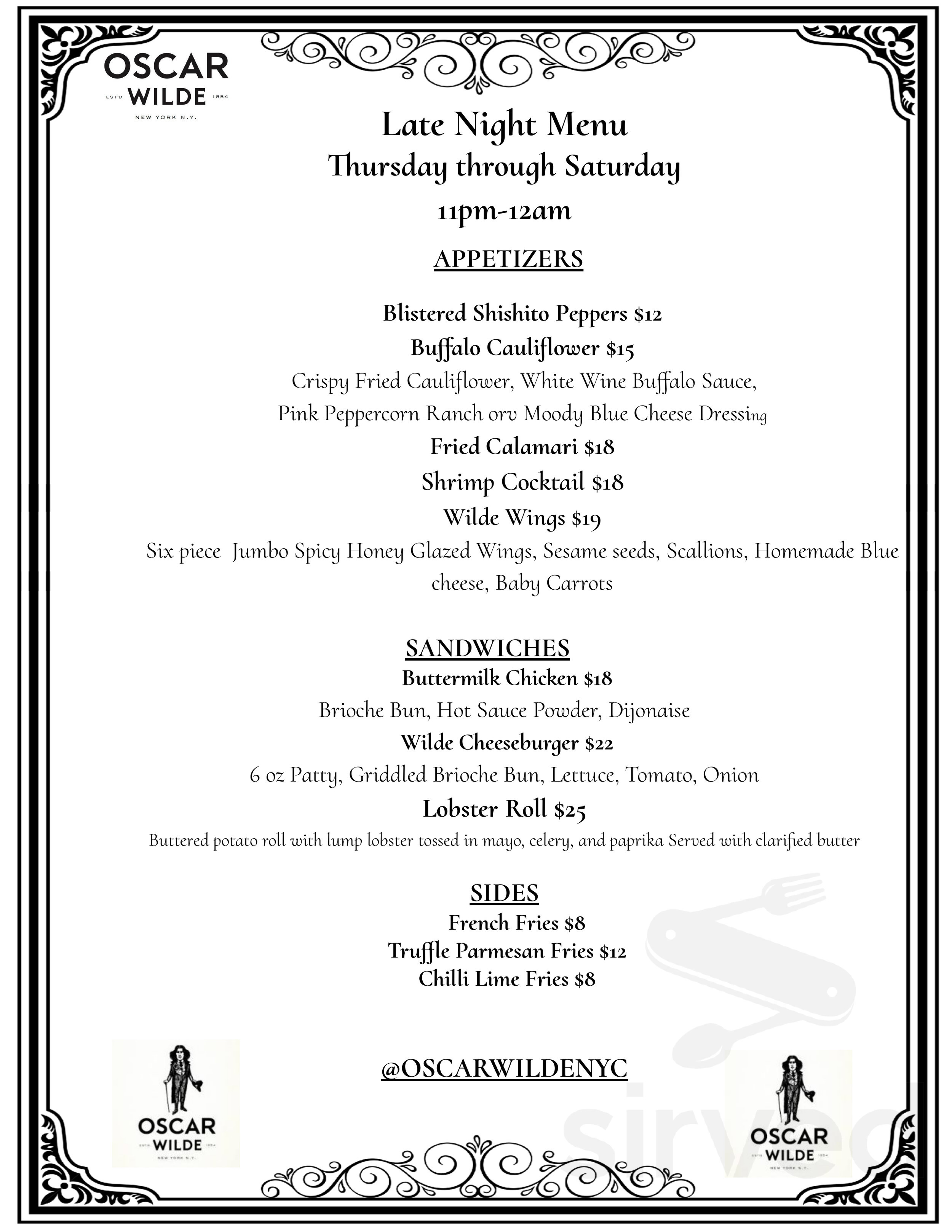 Oscar Wilde menus in New York, New York, United States