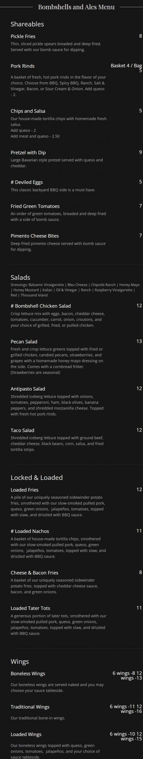 Bombshells & Ales menu in Ashland, Kentucky, USA