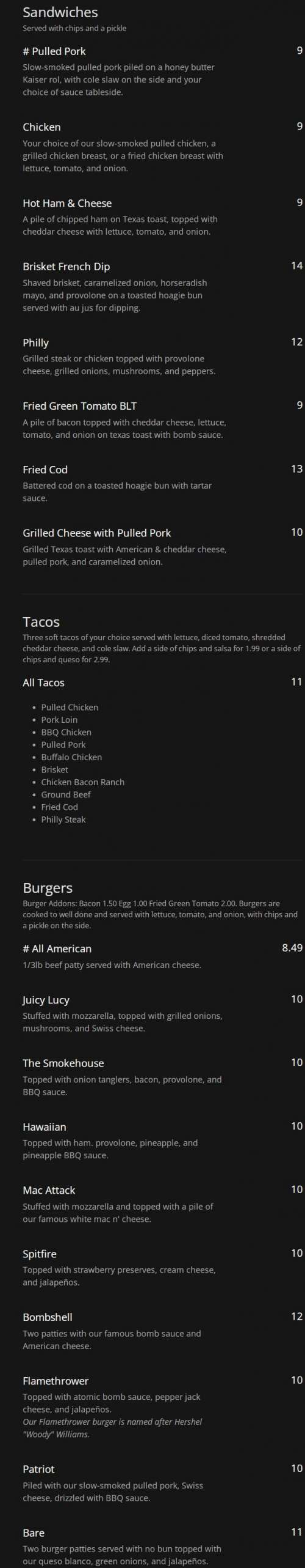 Bombshells & Ales menu in Ashland, Kentucky, USA