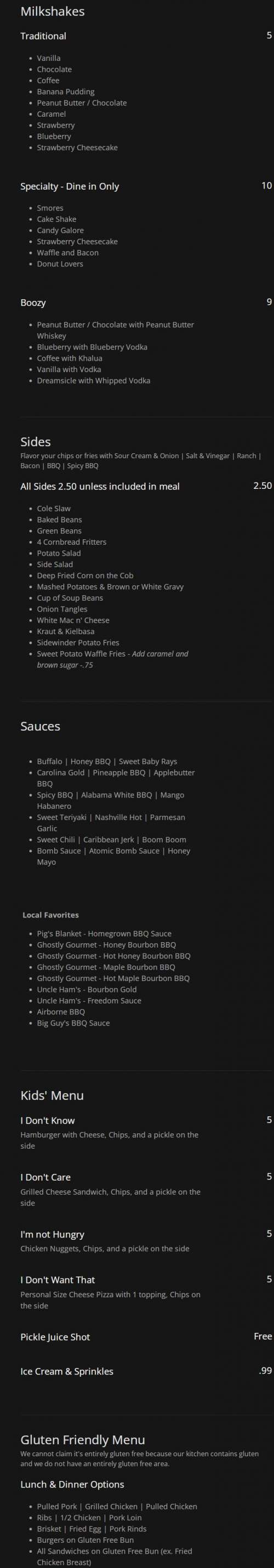 Bombshells & Ales menu in Ashland, Kentucky, USA