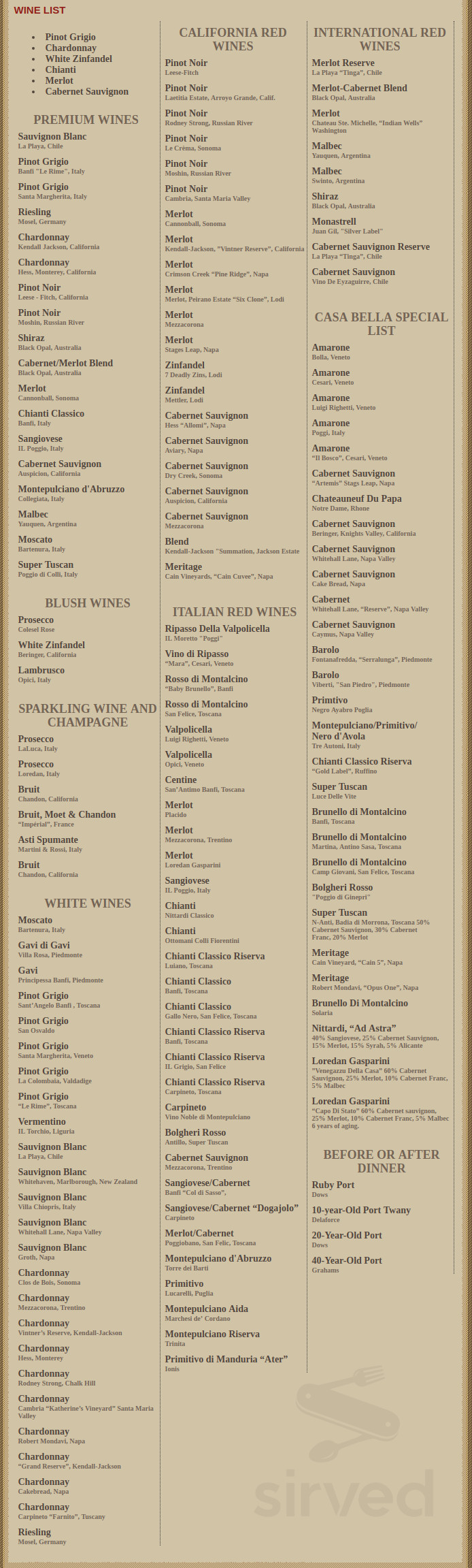 Menu for Casa Bella Restaurant in Stuart, FL | Sirved