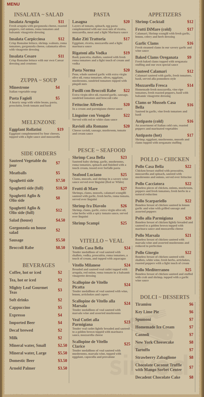 Menu for Casa Bella Restaurant in Stuart, FL | Sirved