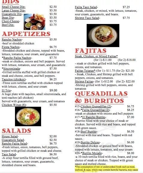 El Rancho Mexican Restaurant menu in Eastman, Georgia, USA