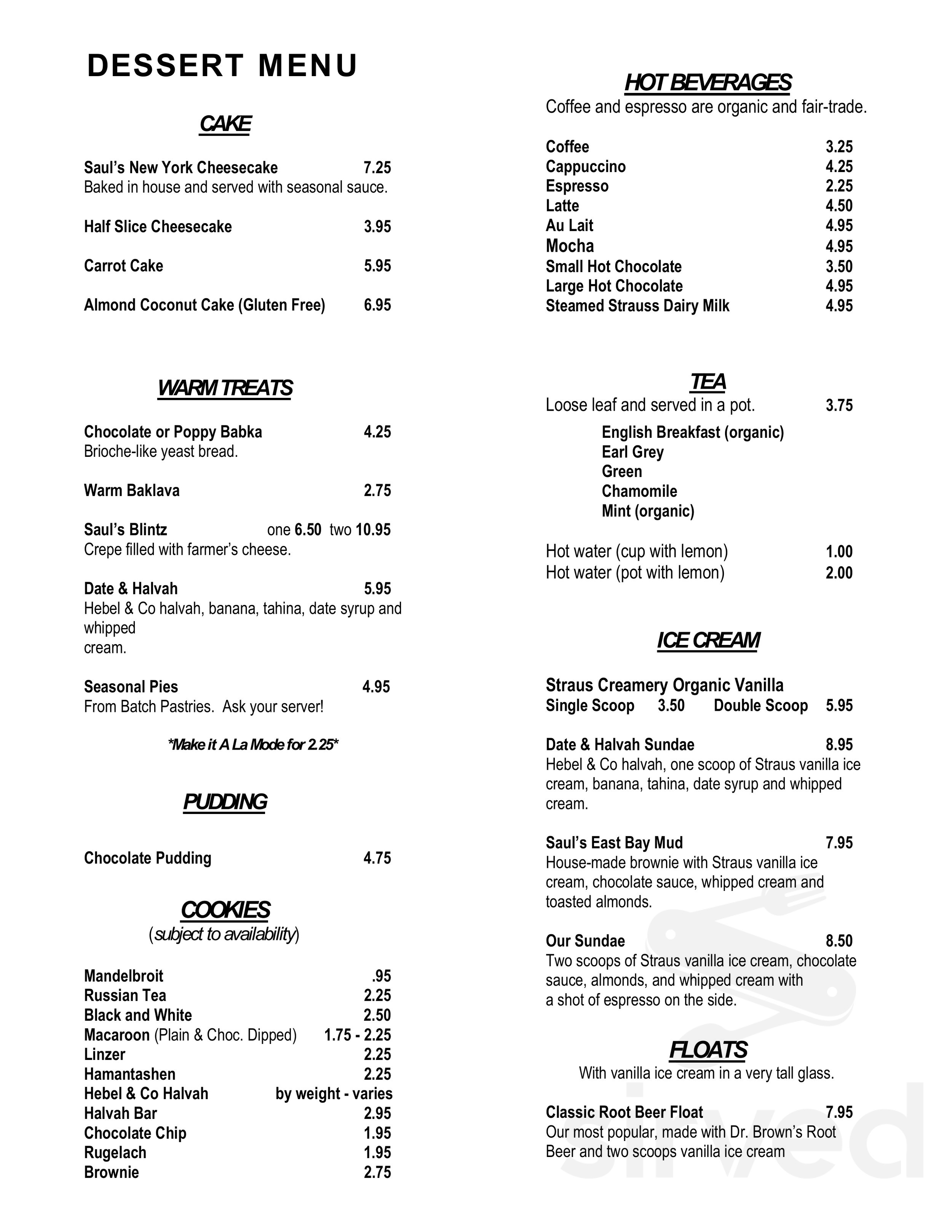 Menu for Saul's Restaurant & Delicatessen in Berkeley, CA | Sirved