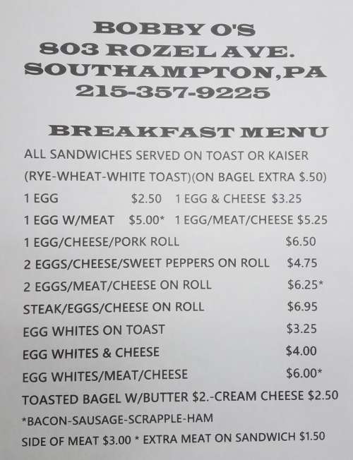 Bobby O's menu in Southampton, Pennsylvania, USA