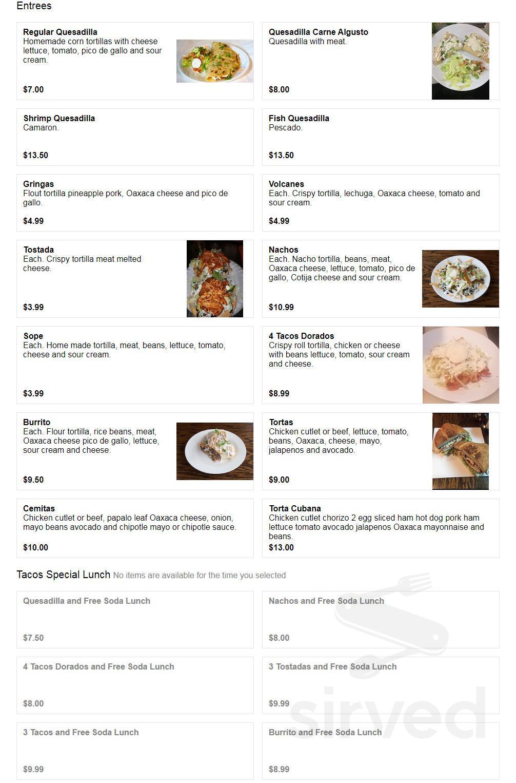 Menu - The Bronx NY's Taqueria Emilio 2 | Sirved