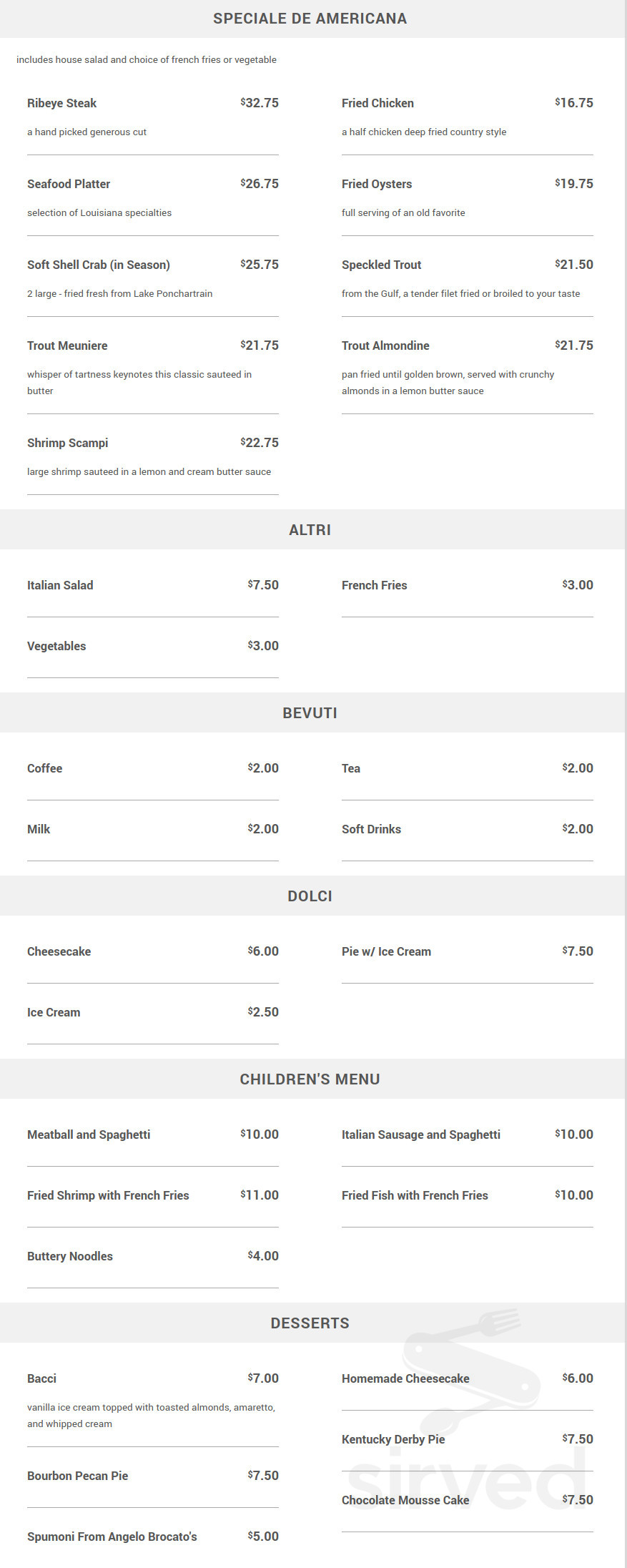 Sal & Judy's menus in Lacombe, Louisiana, United States