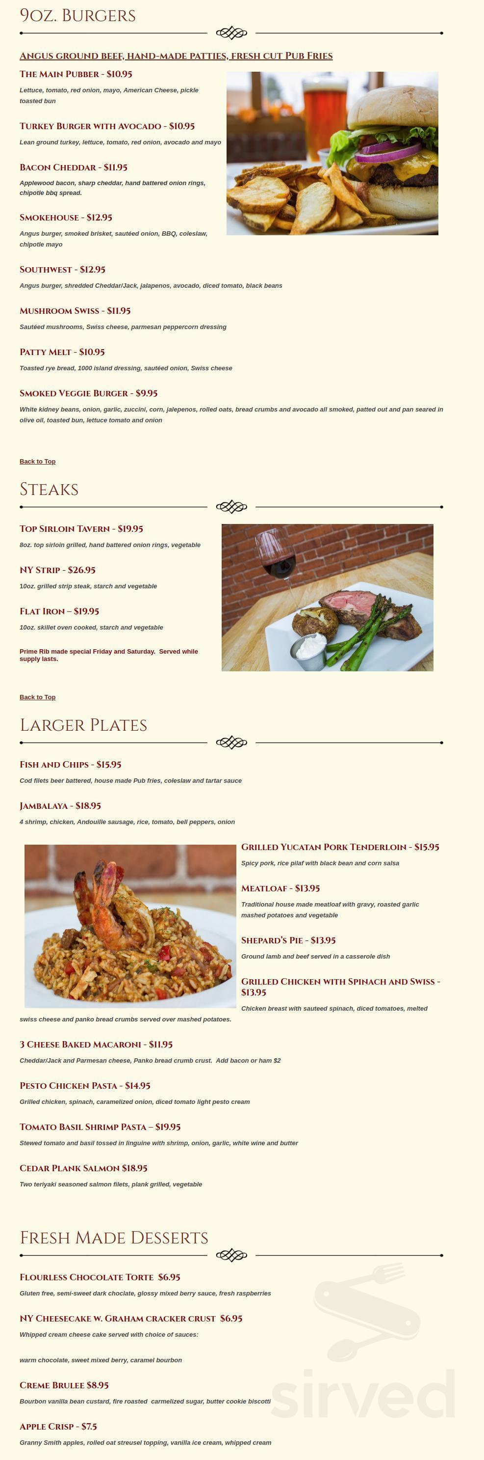 The Main Pub menu in Manchester, Connecticut, USA