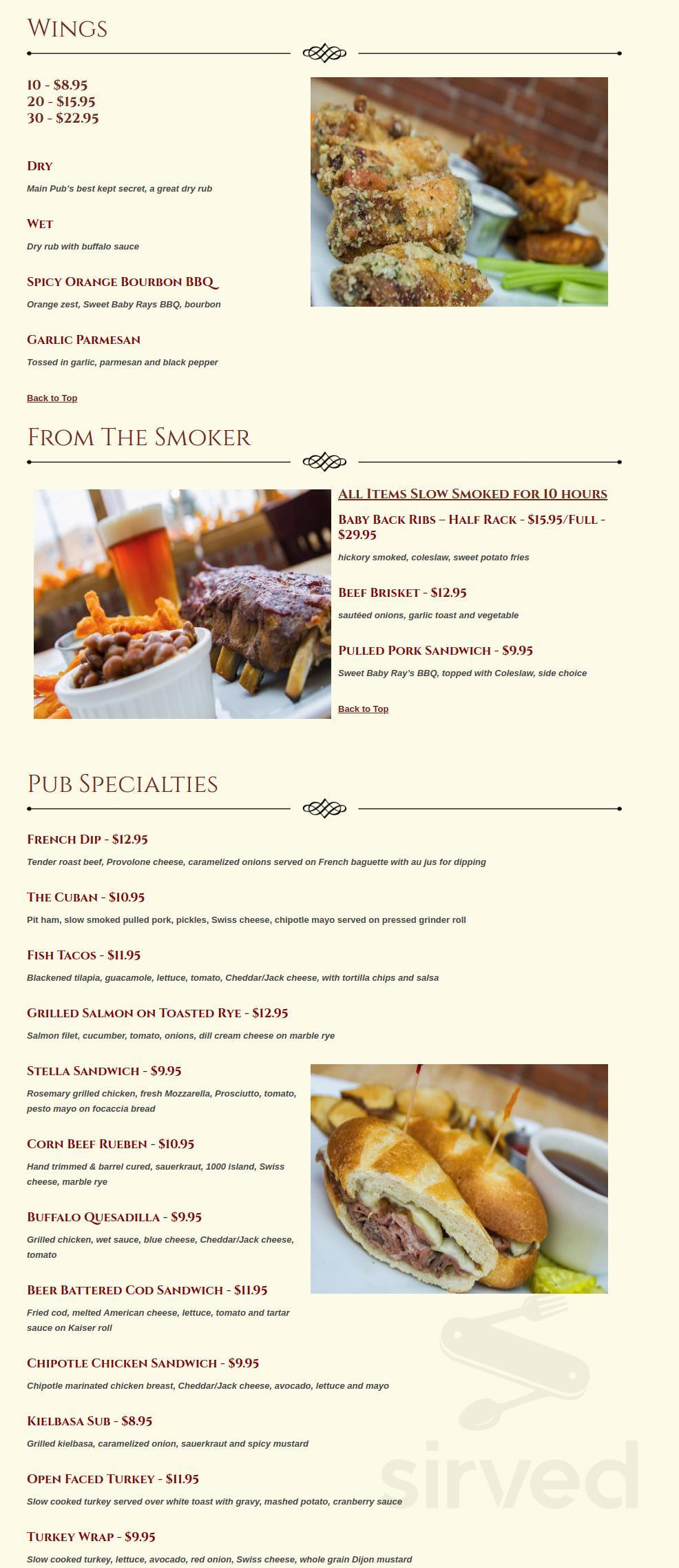 The Main Pub menu in Manchester, Connecticut, USA